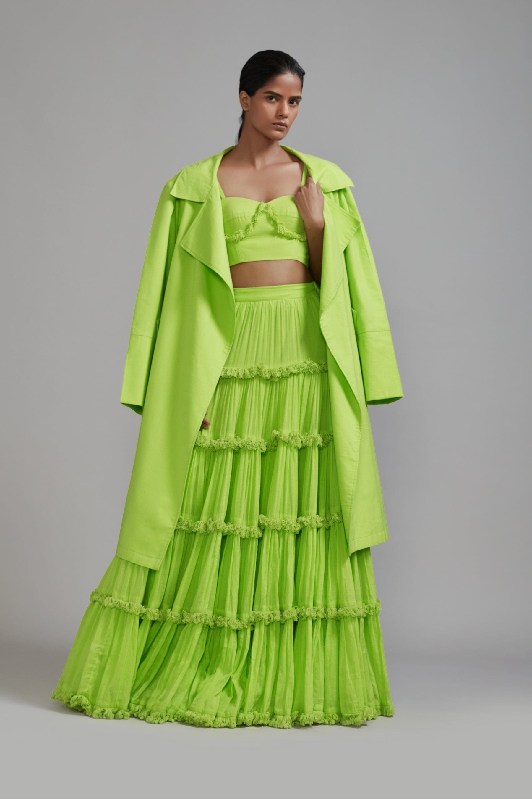 Neon Green Fringed Tiered Lehenga Jacket Set (3 PCS) – Mati