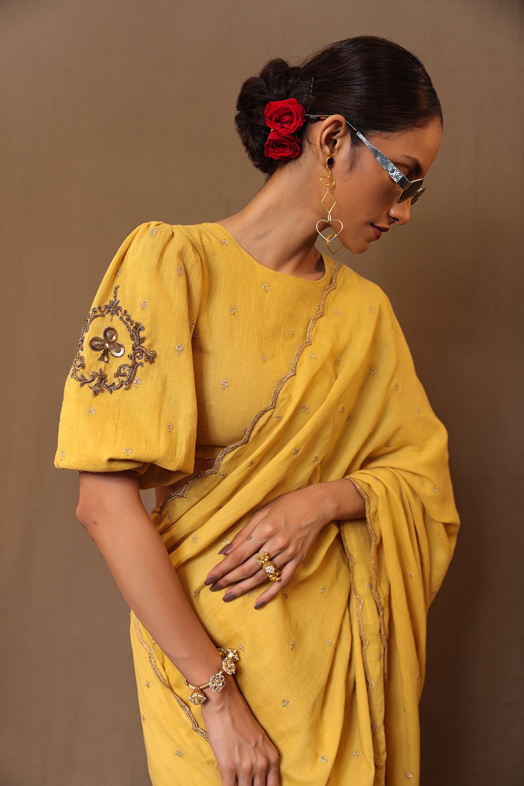 Mustard Zari Club EMB Saree – Mati