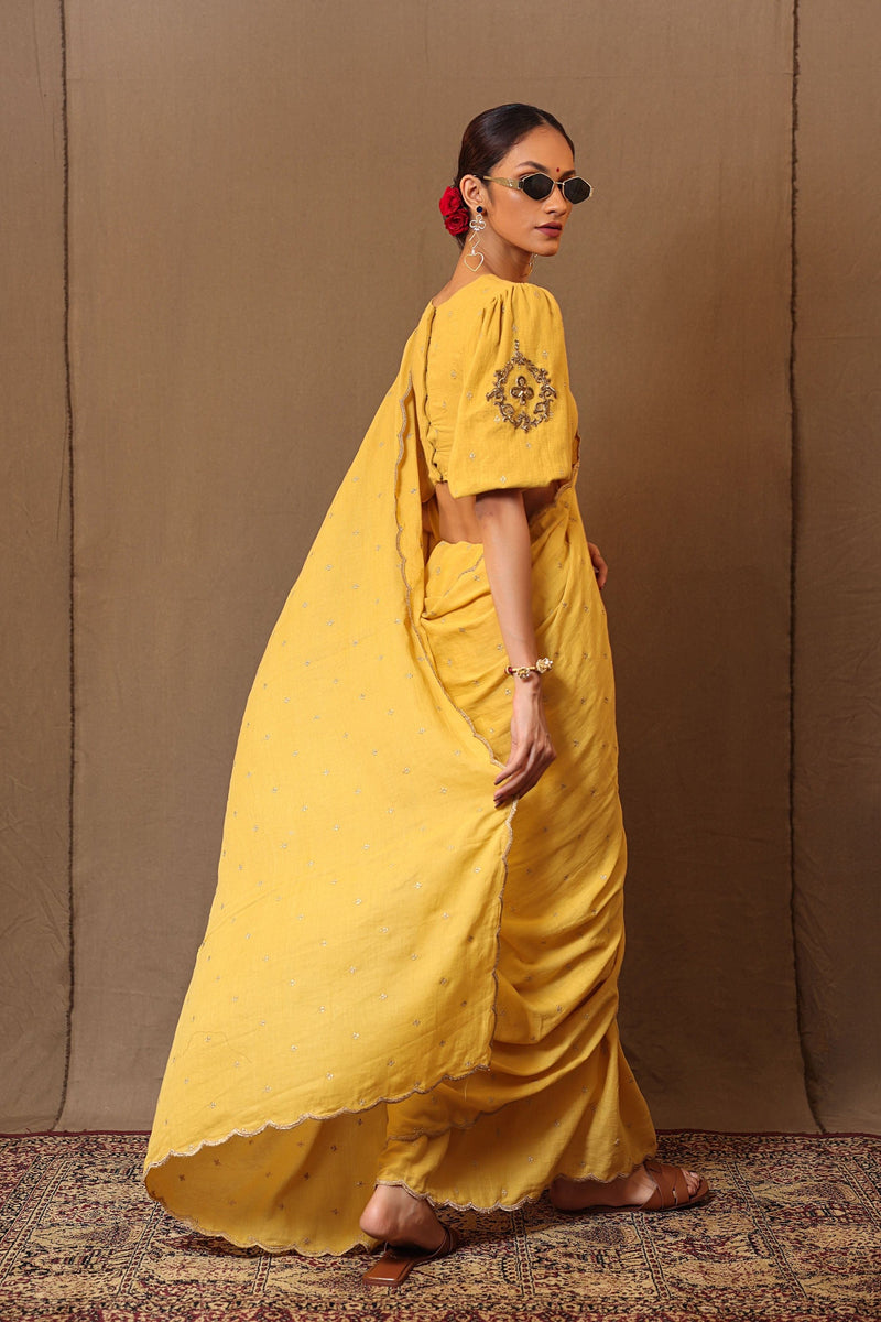 Mustard Zari Club EMB Saree – Mati