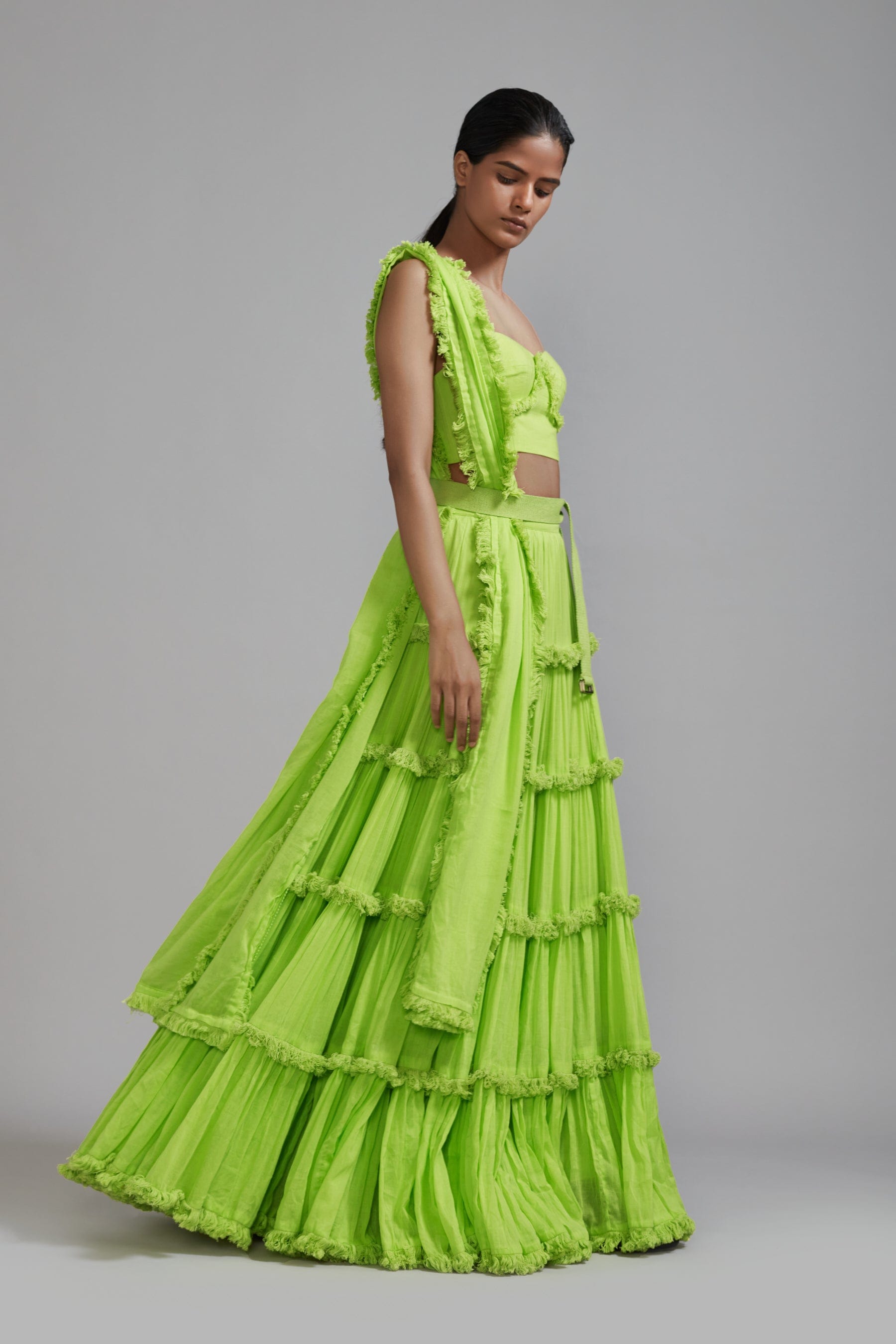 Neon Green Fringed Tiered Lehenga Set (3 PCS) – Mati